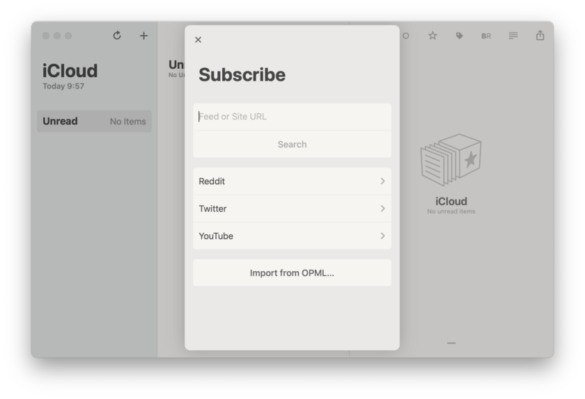 Reeder5のiCloud FeedでTwitterやYouTubeのフィードが読めるようになってた - nemui